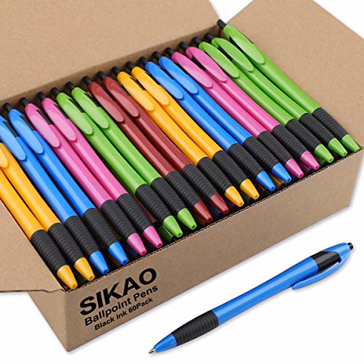Sikao Pens Bulk Gripped Slimster Retractable Ballpoint Pen Medium Point Black ink Smooth Writing Pens for Journaling No Bleed (60Pack)
