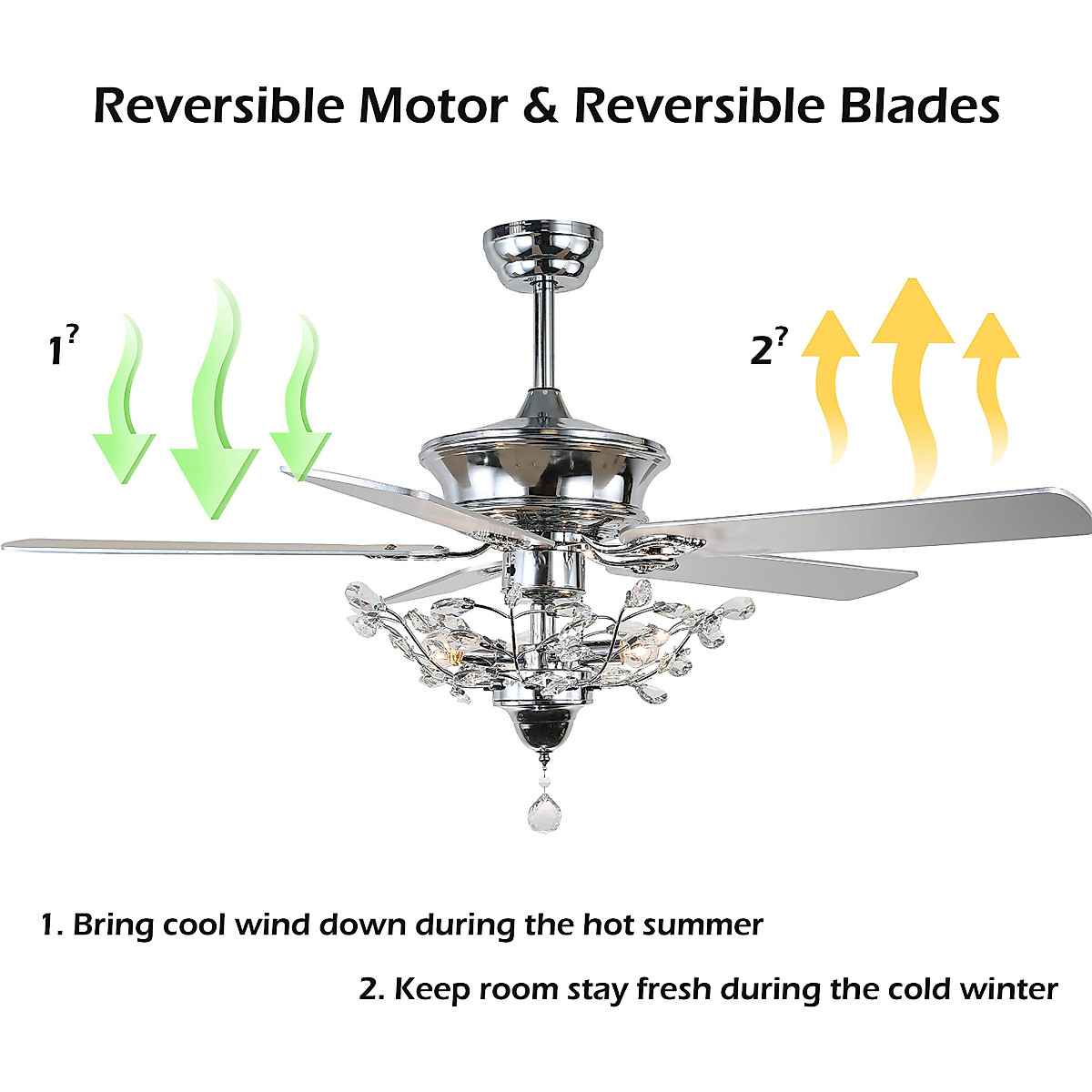 Bella Depot 52-in Chrome Branches Crystal Ceiling Fan, Remote Control, Reversible Motor & 5 Wood Reversible Blades, K9 Crystal Pendant, Chrome Finish (Chrome)