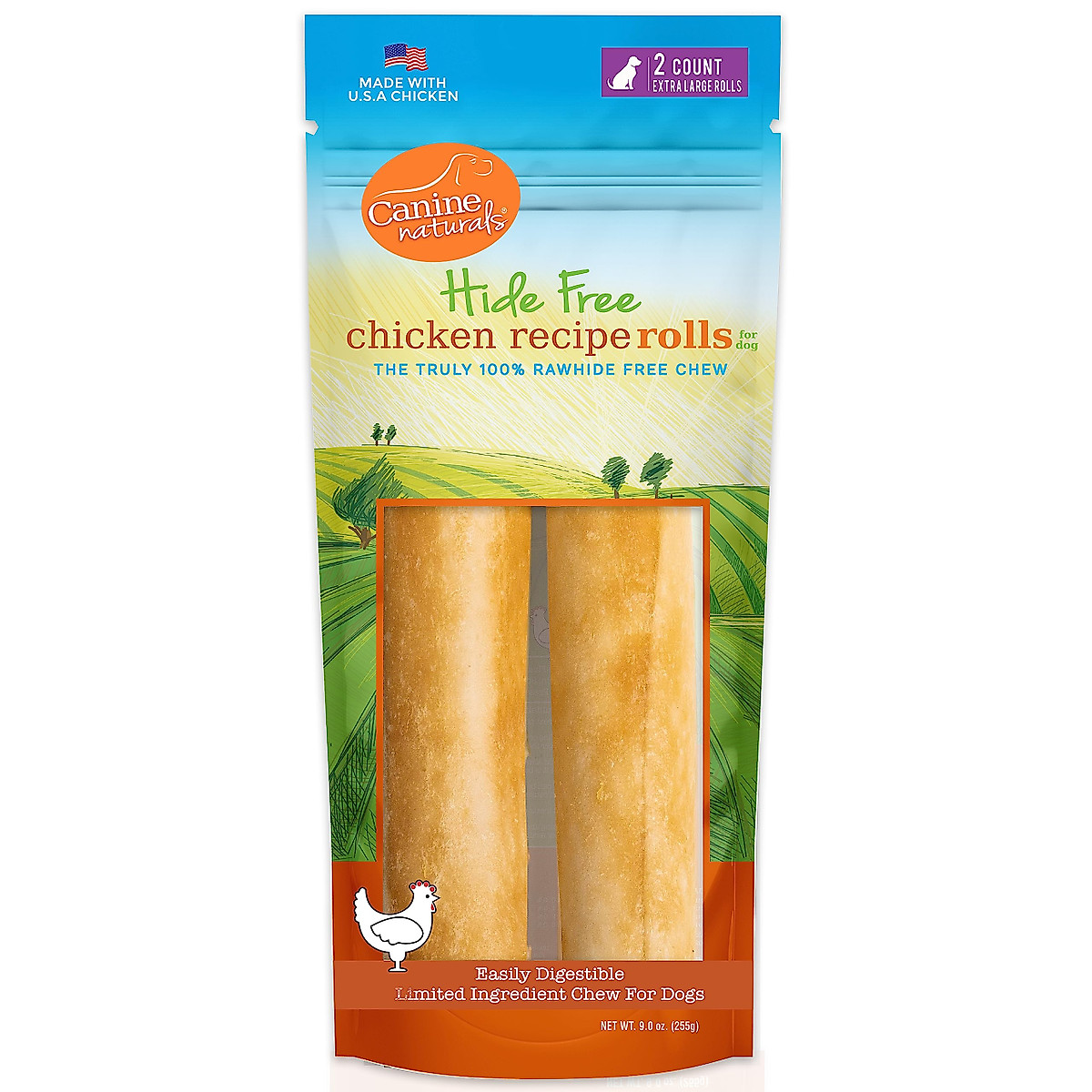 Canine Naturals Chicken Recipe Chew - Rawhide Free Dog Treats - Made from USA Raised Chicken - All-Natural and Easily Digestible - XL (2 Count) for Dogs 75lb+