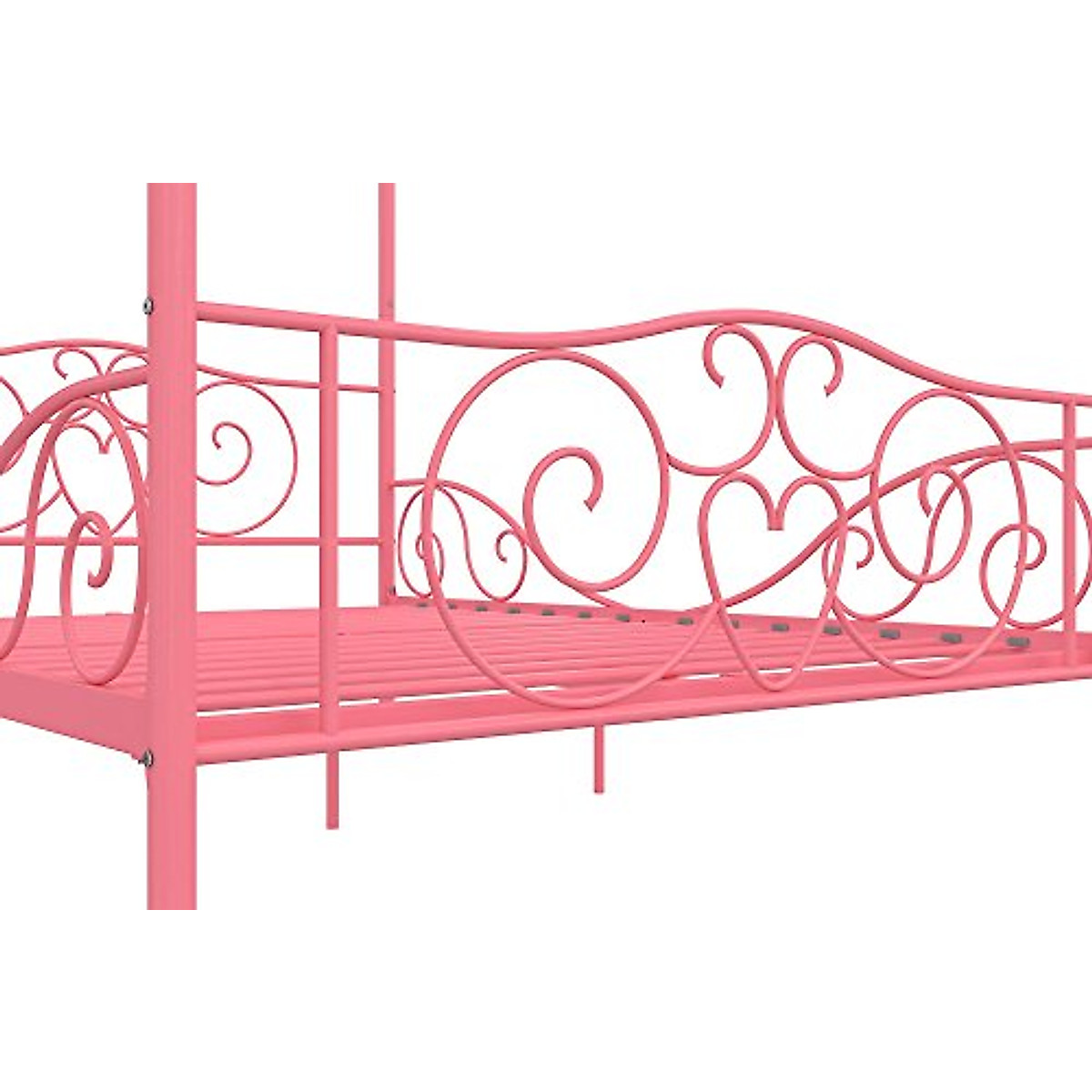 DHP Metal Canopy Kids Platform Bed with Four Poster Design, Scrollwork Headboard and Footboard, Underbed Storage Space, No Box Sring Needed, Full, Pink