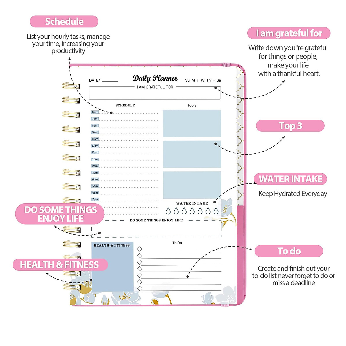 Siltamu Daily Planner Undated 6.1″ x 8.5″,To Do List Notebook with Hourly Schedule,Meal Planning and Spiral Appointment Organizers for Men and Women with Pocket and Pen Loop - Pink