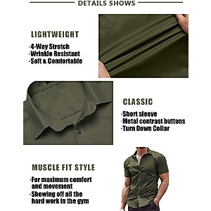 COOFANDY Men's Dress Shirts Slim Fit Wrinkle-Free Short Sleeve Casual Button Down Shirt Olive Green