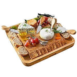 Bamboo Cheese Board – 13 x 13 inches Charcuterie Board with Accessories – Includes 4 Cheese Knives & Forks and Wine Opener - Magnetic Drawer – Ideal for Cheese, Fruit, Wine, Meat