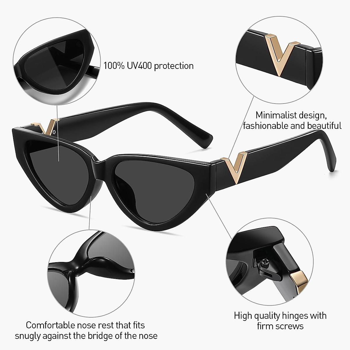 Cat Eye Sunglasses for Women Men Trendy Cateye Women's Vintage Classic Retro Sun Glasses(Black/Grey)