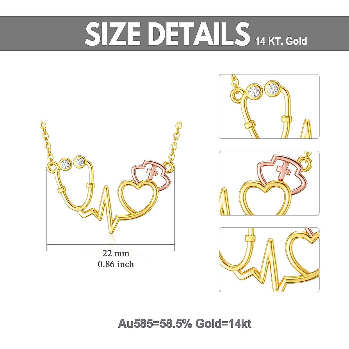 Rikelus 14K Gold Stethoscope Necklace for Women,Real Gold Nurse Doctor Pendant Necklace Jewelry Gifts for Medical Students RN Nurse 16+1+1 inch