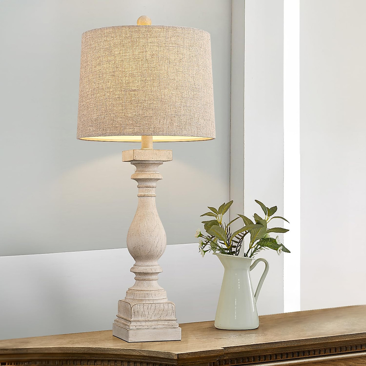 BOBOMOMO Retro 27" USB Charging Ports A/C Wash-White Farmhouse Lamps for Bedrooms Side Table Lamps Bedside Lamp for Nightstand Living Room 1 Pack