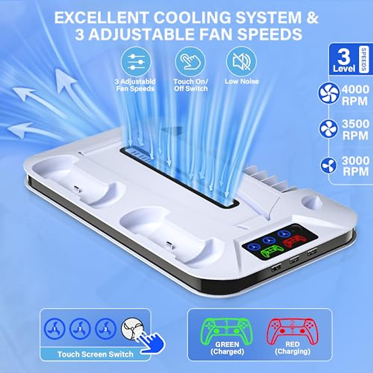 Cooling Station with Dual Controller Charging Station for PS5, Upgraded Accessories Vertical for PS5 Stand, 3-Levels Cooling Fan, 3 USB Hub and Headset Holder for Playstation 5 Disc/Digital Edition