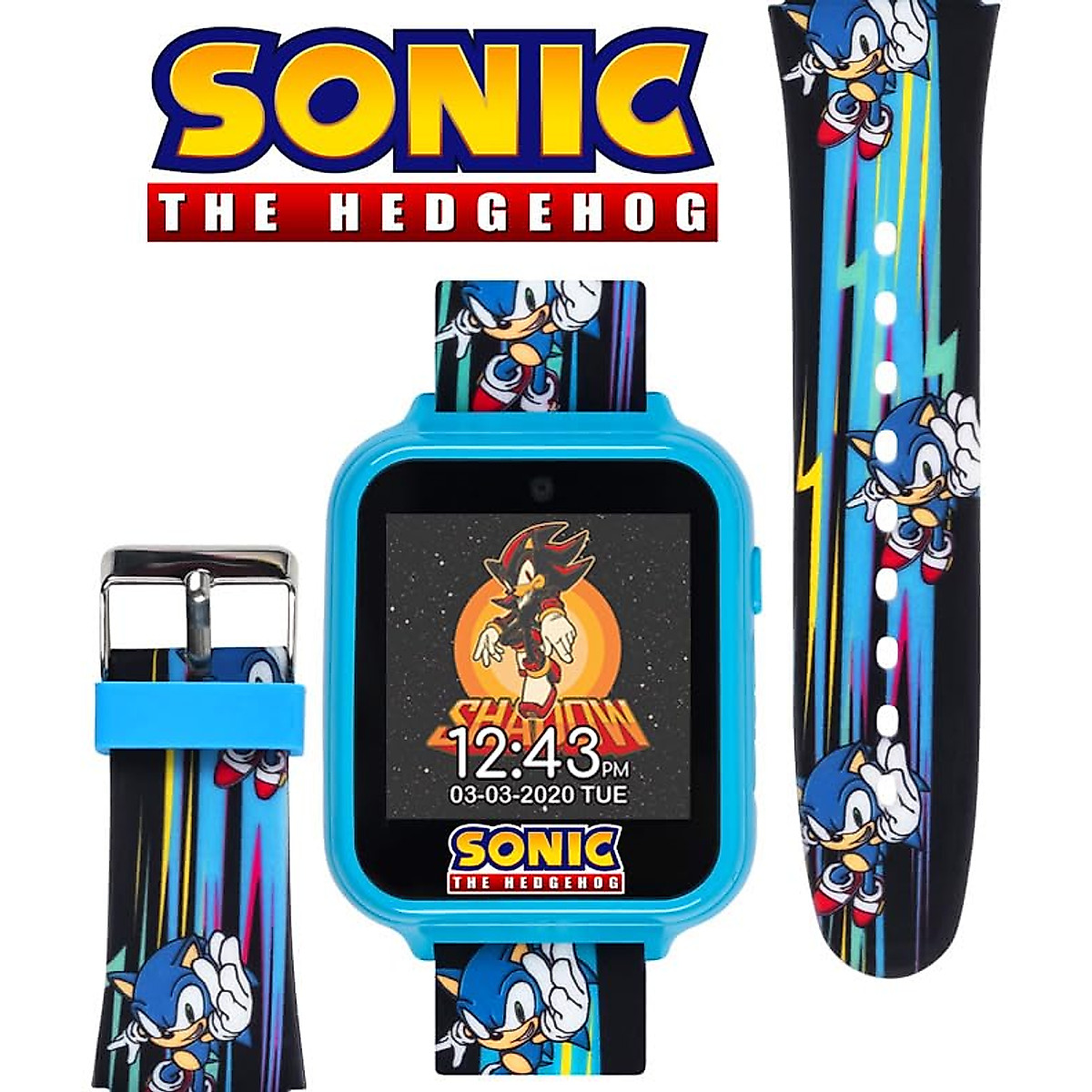 Accutime Kids SEGA Sonic The Hedgehog Blue Educational Touchscreen Smart Watch Toy for Boys, Girls, Toddlers - Selfie Cam, Learning Games, Alarm, Calculator, Pedometer (Model: SNC4141AZ)