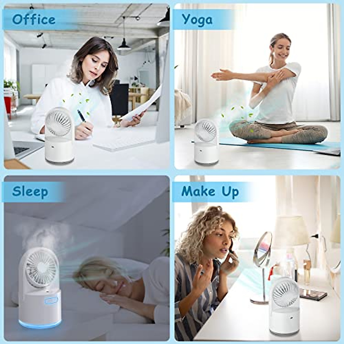 AiTechny Desk Misting Fan with 300ML Large Water Tank Personal Table Fan with 3 Speed Strong Wind Portable Misting Fan with 7 Colorful Nightlights for Home, Outdoor (White)