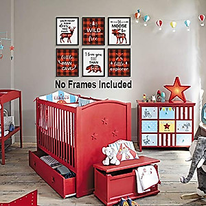 HLNIUC Woodland Animals Buffalo Plaid Nursery Wall Art,Red&Black Forest Deer Art Print,Set Of 6 (8”X10”,Unframed) Inspirational Kids Room Canvas Poster,Little Man Cave Decor For Boy Bedroom,Playroom