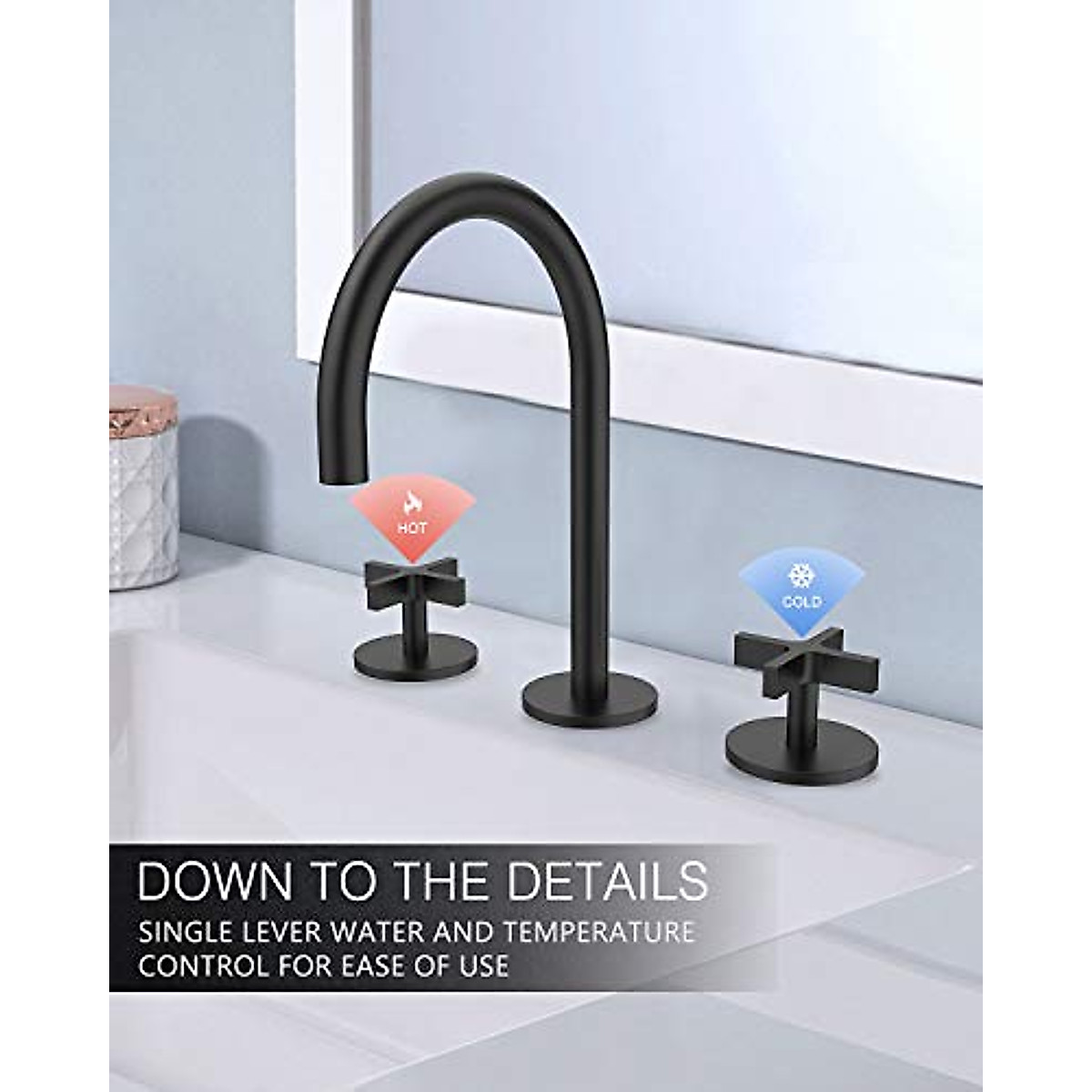 Matte Black Bathroom Faucet, Indare 8-inch Brass Widespread Faucet for Bathroom Sink 3 Holes with Pop-up Drain Assembly and Supply Lines Preassembled, 110101-PB