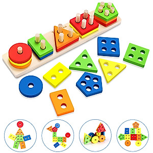 NUGZIX Montessori Sorting and Stacking Toys for Baby，Wooden Toddlers Toys for Kids Preschool，Shape Sorter and Color Stacker，Great Preschool Kids Wood Gifts