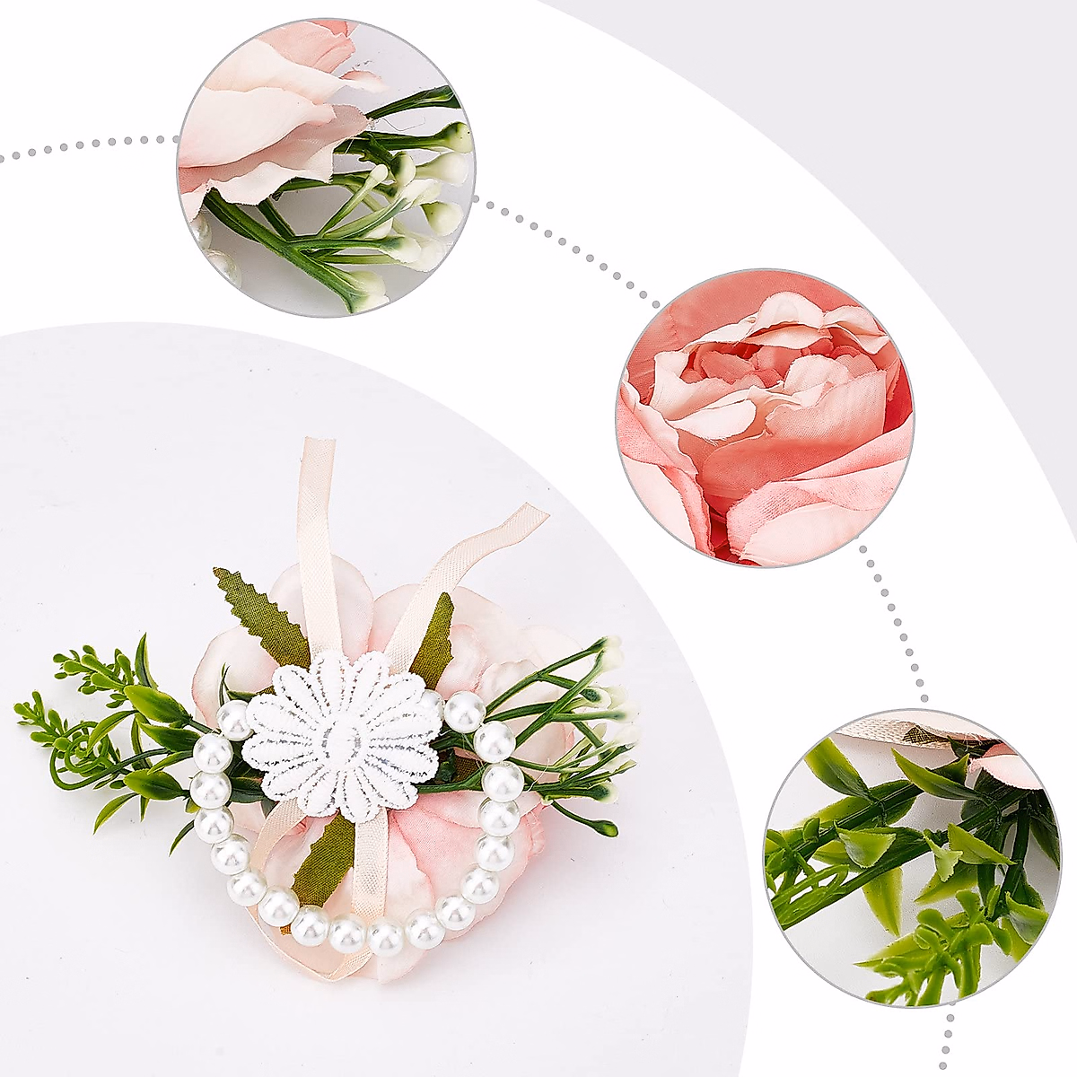 CRASPIRE 4pcs Wedding Wrist Corsage Pink Rose Corsage Wristlet Women Bride Bridesmaid Pearl Hand Flower Wristlet Band Bracelet for Wedding Party Prom Suit Festival Engagement Decorations