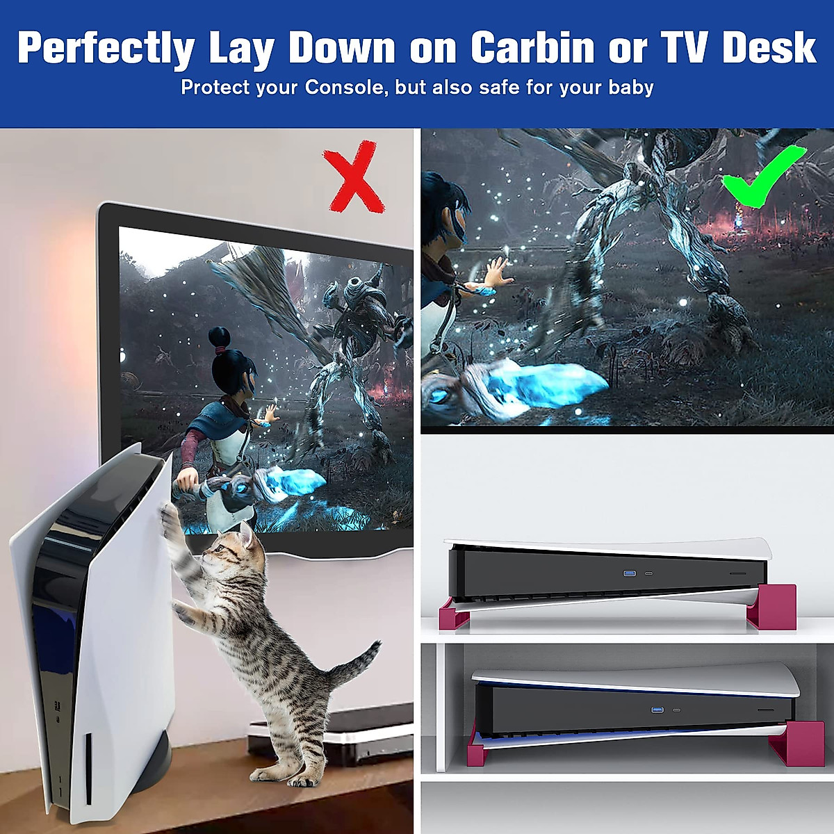 BSOON PS5 Accessories Horizontal Stand, PS5 Base Stand for PS5 Games & PS5 Console with 16 Game Disc Slots, Compatible with Playstation 5 Disc & Digital Editions, Minimalist Design (Red)