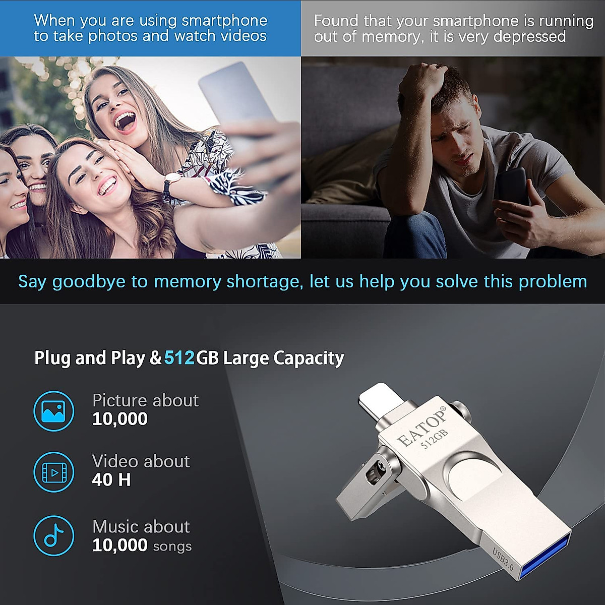 EATOP USB 3.0 ,512GB flash drive Photo Storage memory stick Thumb Drive Compatible with iPhone iPad Android and Computers (Silver)