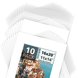 Mat Board Center, 10 Pack of White Pre-Cut Mat Board 16x20 Picture Mat for 11x14 Photo with White Core Bevel Cut Mattes Sets. Includes 10 Acid Free Mats & 10 Backing Board & 10 Clear Bags