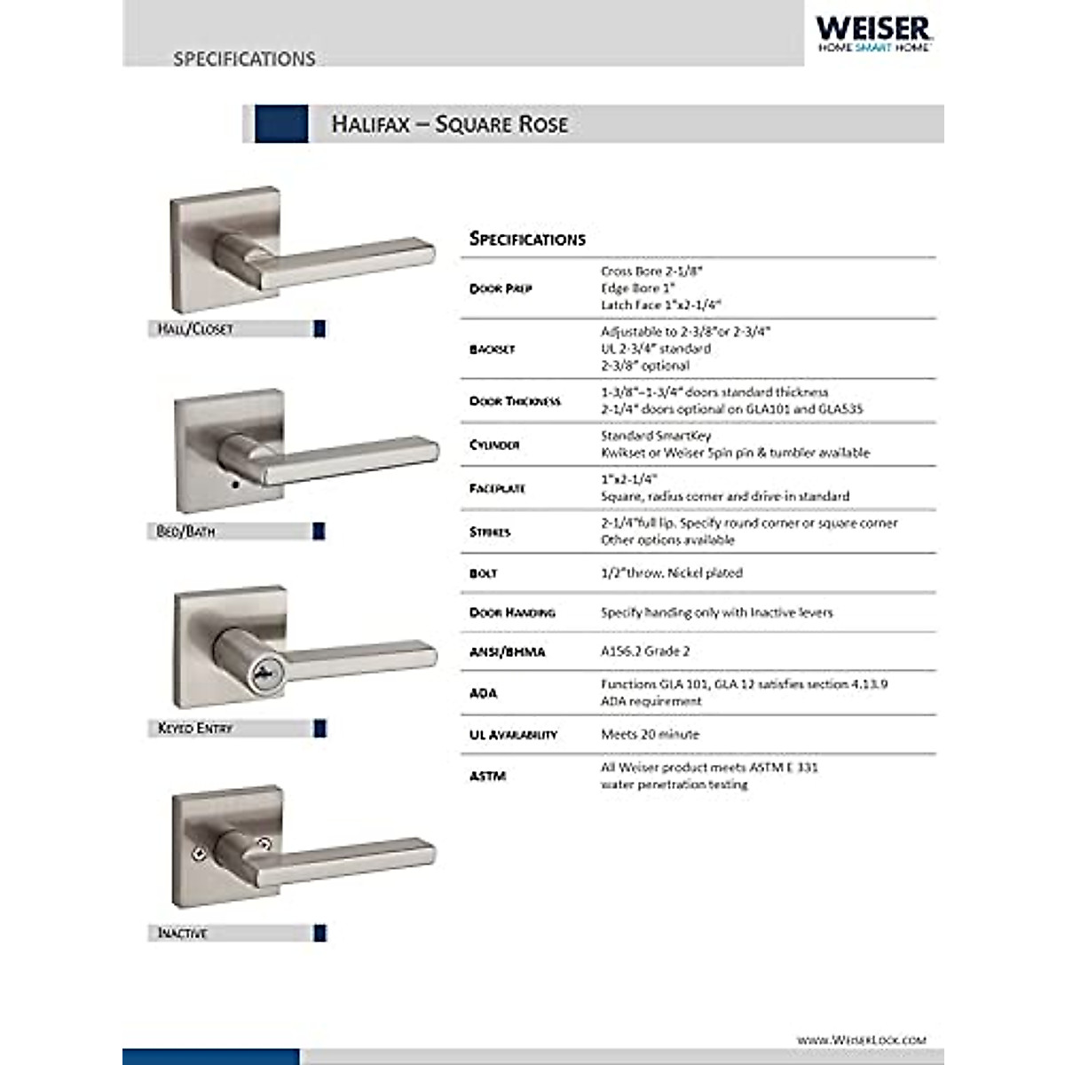 Weiser (by Kwikset) Halifax Lever, Square Rose, Privacy Function, Satin Nickel (US15)