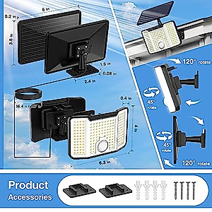 Solar Outdoor Lights,IP65 Waterproof Security Solar Motion Sensor Outdoor Lights, 180 LED Dusk to Dawn Outdoor Lighting for Shed ，Balcony, Patio, Garage, Porch, Garden with 16.5ft Cable(2Pack)