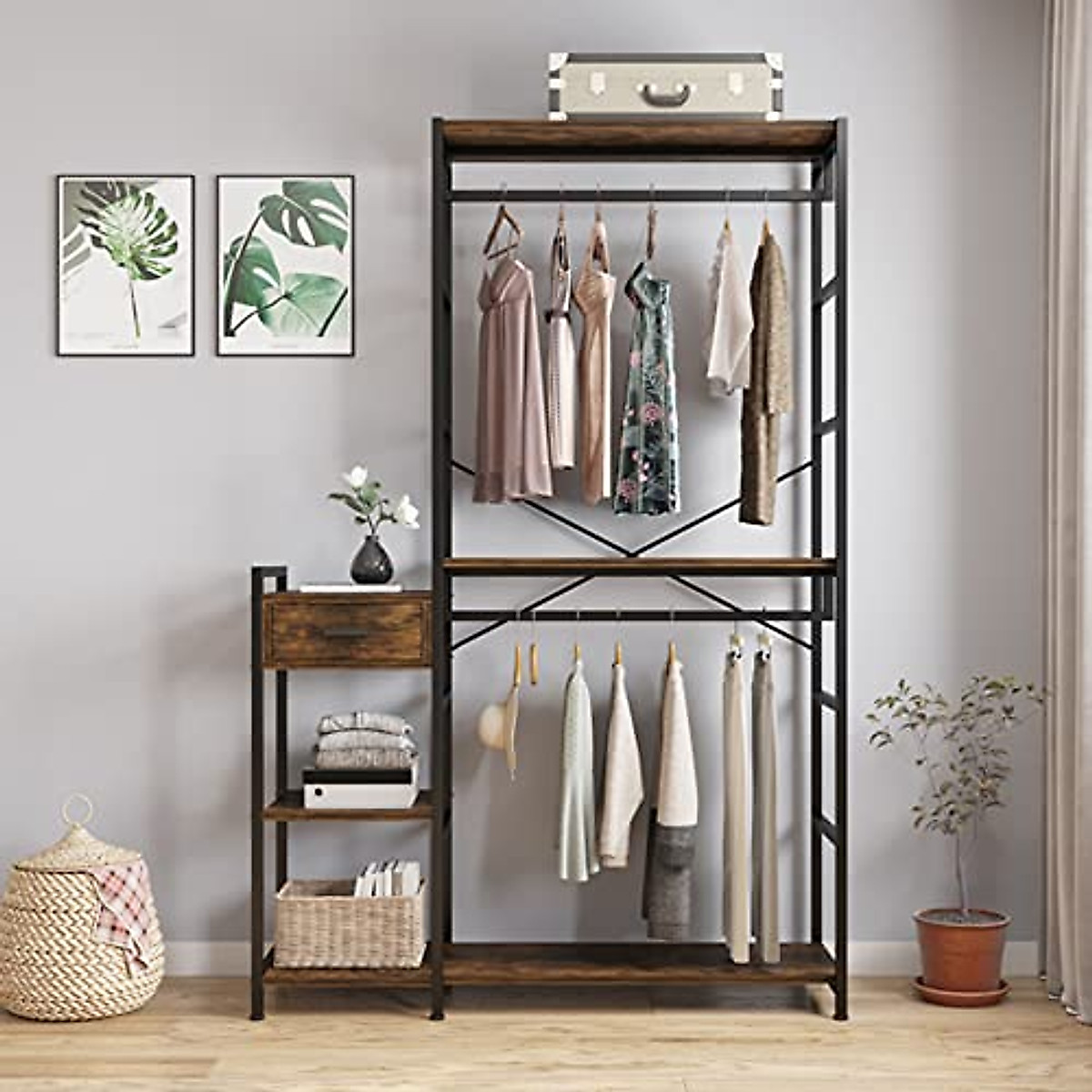 HAGAZU Standing Closet Clothing Rack, Open Wardrobe,Metal Closet Organizer System with Shelves and Hooks for Bedroom, Laundry, Walk-in Closet