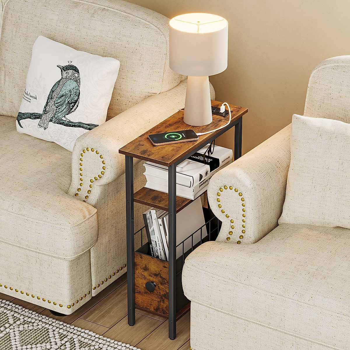 Snughome Narrow Side Table with Charging Station, Slim End Table for Small Spaces, 3 Tier Skinny Nightstand with Drawer, Sofa Beside Table with Storage Shelf for Living Room Bedroom