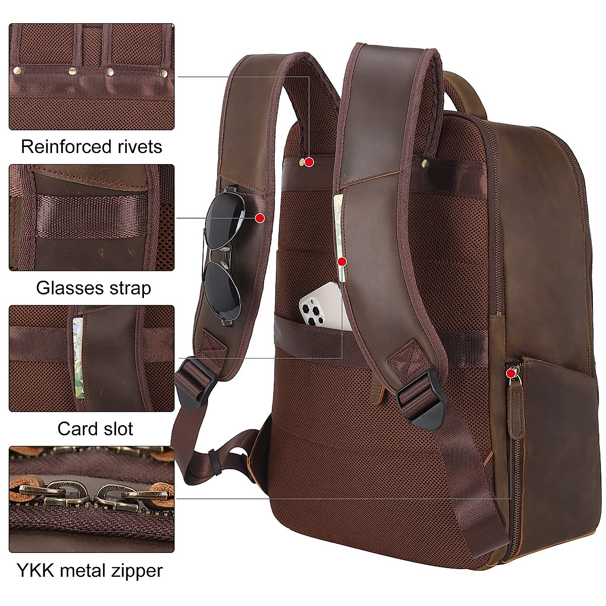 Masa Kawa Vintage Leather 15.6" Laptop Computer Backpack for Men Large Business Travel Weekender Bag Casual Rucksack Camping Daypack, Brown