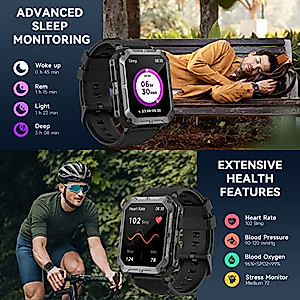 Military Smart Watch for Men with Bluetooth Call, 5ATM Waterproof Outdoor Fitness Tracker, 1.83" Rugged Tactical Watch with Heart Rate Blood Pressure Sleep Monitor for Android iPhone, Black