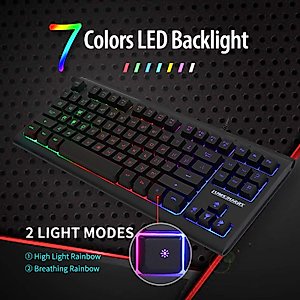 Lumsburry Rainbow LED Backlit 87 Keys Gaming Keyboard, Compact Keyboard with 12 Multimedia Shortcut Keys USB Wired Keyboard for PC Gamers Office