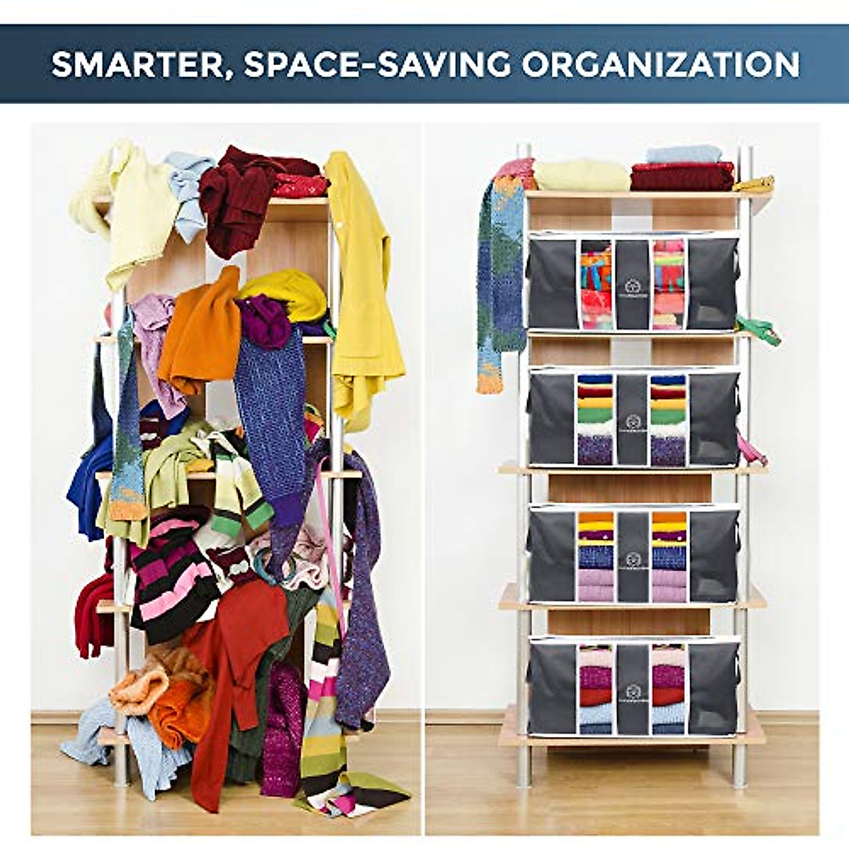 H M Home Maximize Clothes Storage Bag Organizer for, Blankets, Clothing, Comforters and Bedding Sets - Stackable with Zippers - Clear Window - 3 Pack Grey