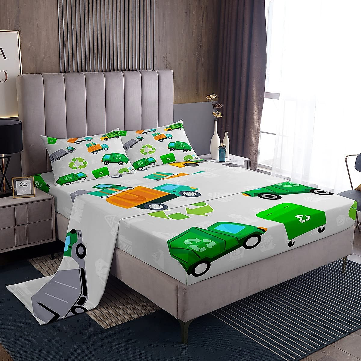 Boys Green Garbage Truck Bed Sheets Set Cartoon Trash Truck Sheet Set for Kids Green Vehicle Car Sheets with Deep Pocket Fitted Sheet Garbage Truck Toy Bedding Set Queen Size With 2 Pillow Case