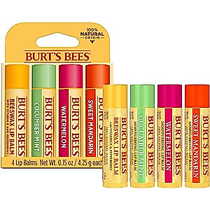 Burt's Bees Lip Balm - Original Beeswax, Cucumber Mint, Watermelon & Sweet Mandarin, With Responsibly Sourced Beeswax, Tint-Free, Natural Origin Treatment, 4 Tubes, 0.15 oz.