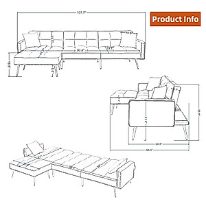 GlasFlength Sectional Couches for Living Room - Convertible Sleeper Sofa Bed, Reversible Chaise Lounge, Nailhead Decor L-Shaped Sectional Sofa Bed for Home, Office, Apartment - Black