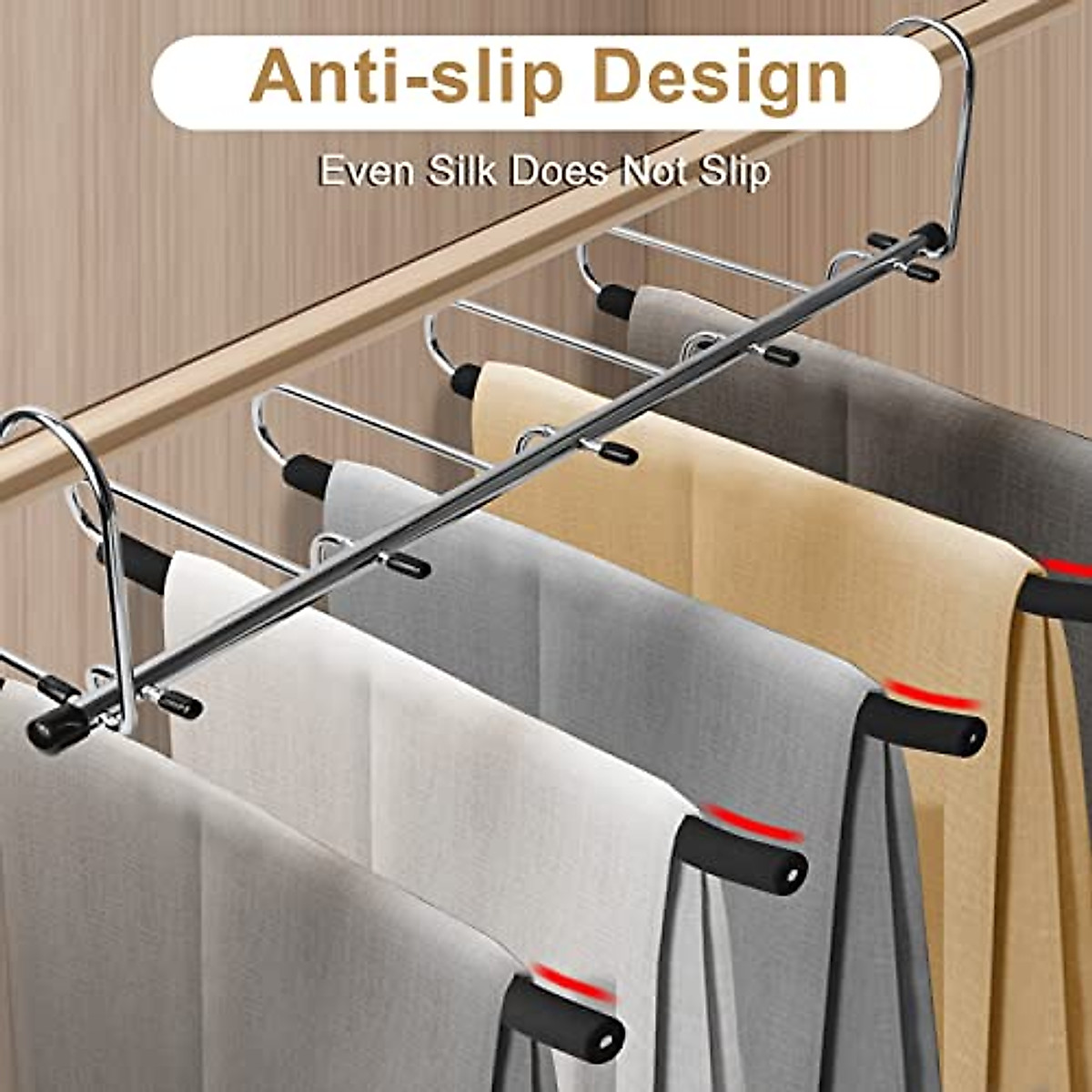 Pants Hangers Space Saving Stainless Steel, Non-Slip, No Installation, Jean Hangers,Closet Space Saving Magic Pants Hangers Pants Organizer (2 Pack)