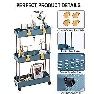 Melody House 3-Tier Slim Mobile Shelving Unit on Wheels, Slide Out Rolling Bathroom Storage Organizer, Utility Carts Shelf Rack for Kitchen Bathroom Laundry Room Narrow Places, Navy Blue