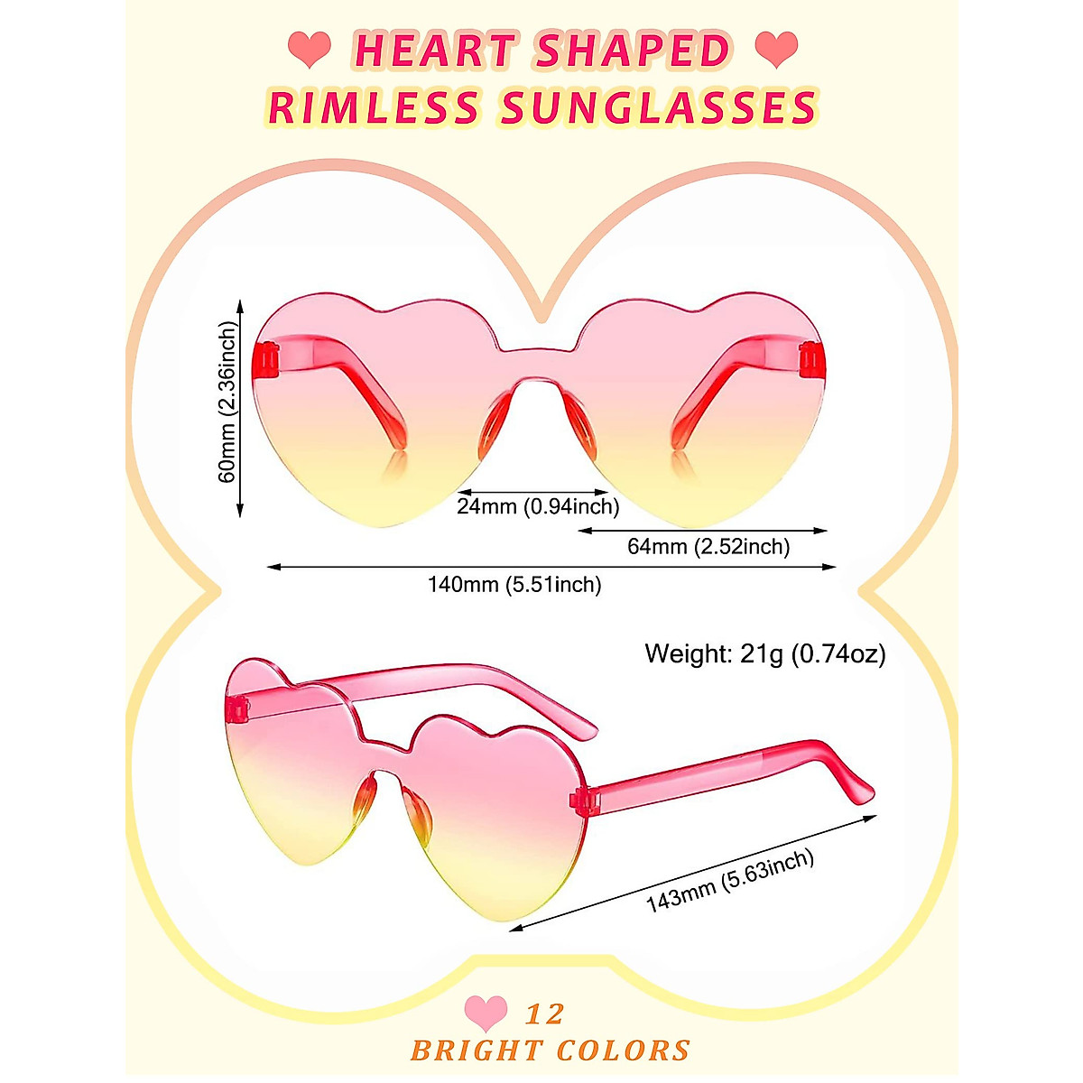 LIULIUBTY Heart Shaped Rimless Sunglasses, Bachelorette Party Cool Sunglasses 12 Pack, Colorful Plastic Funky Sunglasses Party Favors (Gradient colors)