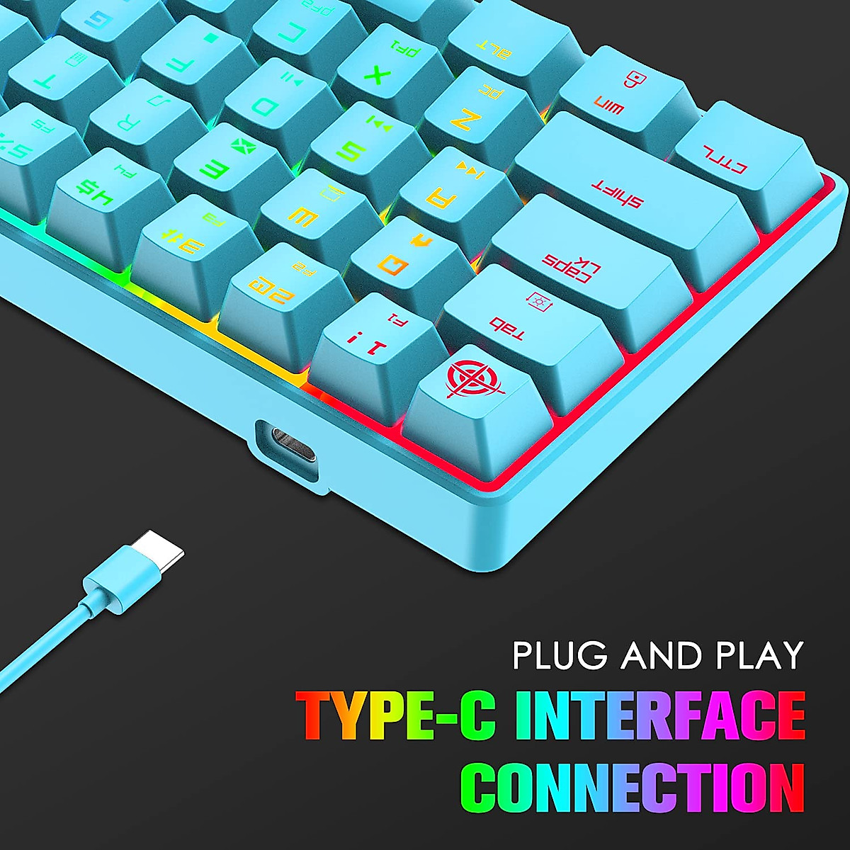 MAGIC-REFINER 60% RGB Mini Mechanical Gaming Keyboard,Portable 68 Keys,Blue Switches,Detachable USB Type-C Cable,TKL Keyboard with Two Keycaps for Windows Gaming PC(Blue)
