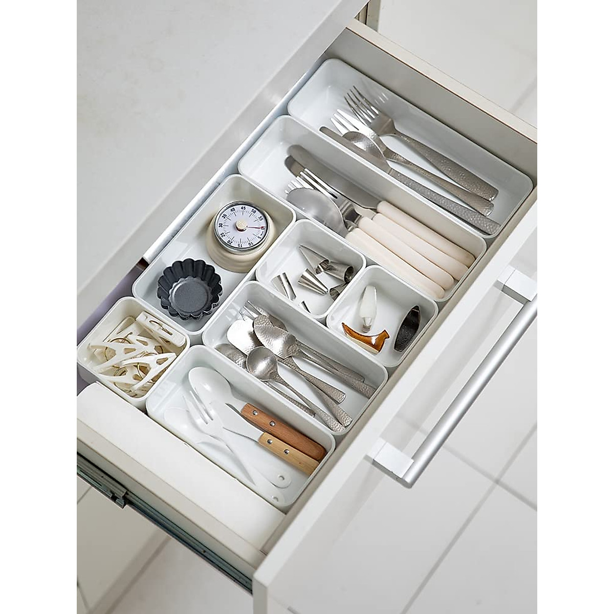 6 Pcs Stackable Drawer Organizer Set Desk Drawer Dividers, Bathroom Vanity Cosmetic Makeup Trays , Multipurpose Plastic Storage Bins for Jewelries, Kitchen Gadgets and Office Accessories, White