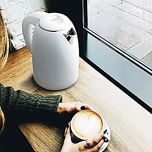 OVENTE Portable Electric Kettle Stainless Steel Instant Hot Water Boiler Heater 1.7 Liter 1100W Double Wall Insulated Fast Boiling with Automatic Shut Off for Coffee Tea & Cold Drinks, White KD64W