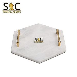 STONES N CRAFTS White Marble Bathroom Organizer, Also Used as Marble Serving Tray, Jewelry Dish Tray, Kitchen Island Décor with Brass Bent Handles, Unique Housewarming Gift for New Apartment