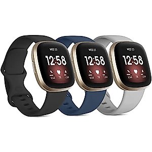 3 Pack Silicone Bands for Fitbit Sense Bands Fitbit Versa 3 Bands Women Men, Classic Soft Sport Bands Replacement Wristbands for Fitbit Sense/Versa 3 Smart Watch (Black/Navy Blue/Gray, Large)