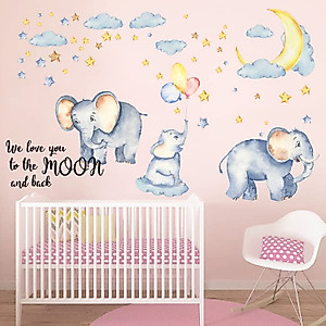 Elephant Wall Stickers for Baby Nursery Wall Decor, Elephant Nursery Wall Dacal Decor for Girls Baby Boy, We Love You to The Moon and Back Elephant Decor for Baby Room Kids Bedroom Playroom Art Gift