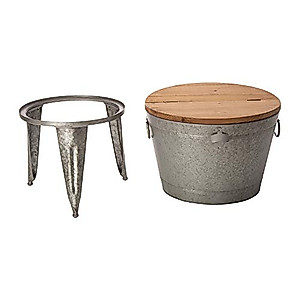 Glitzhome 26.29"H Oval Galvanized Beverage Tub with Stand, Farmhouse Metal Accent Cocktail Table Storage Bucket with Firwood Lid, 8 Gallons