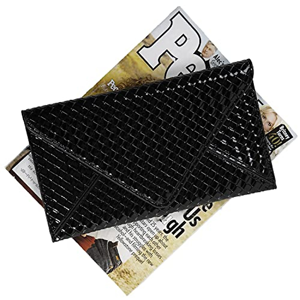 JNB Weaved Faux Patent Leather Glossy Envelope Clutch,Black2