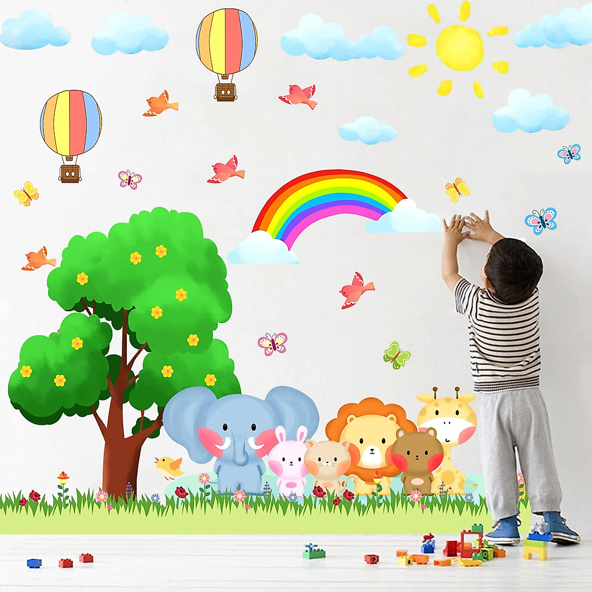 KOKOLAP 3 Sheet Big Tree Animal Wall Stickers,Forest Animal Wall Decal Baby Room Decor,Nursery Wall Decor Sun Wall Stickers Peel and Stick,Elephant Bear Wall Sticker Kids Room Bedroom Classroom Decor