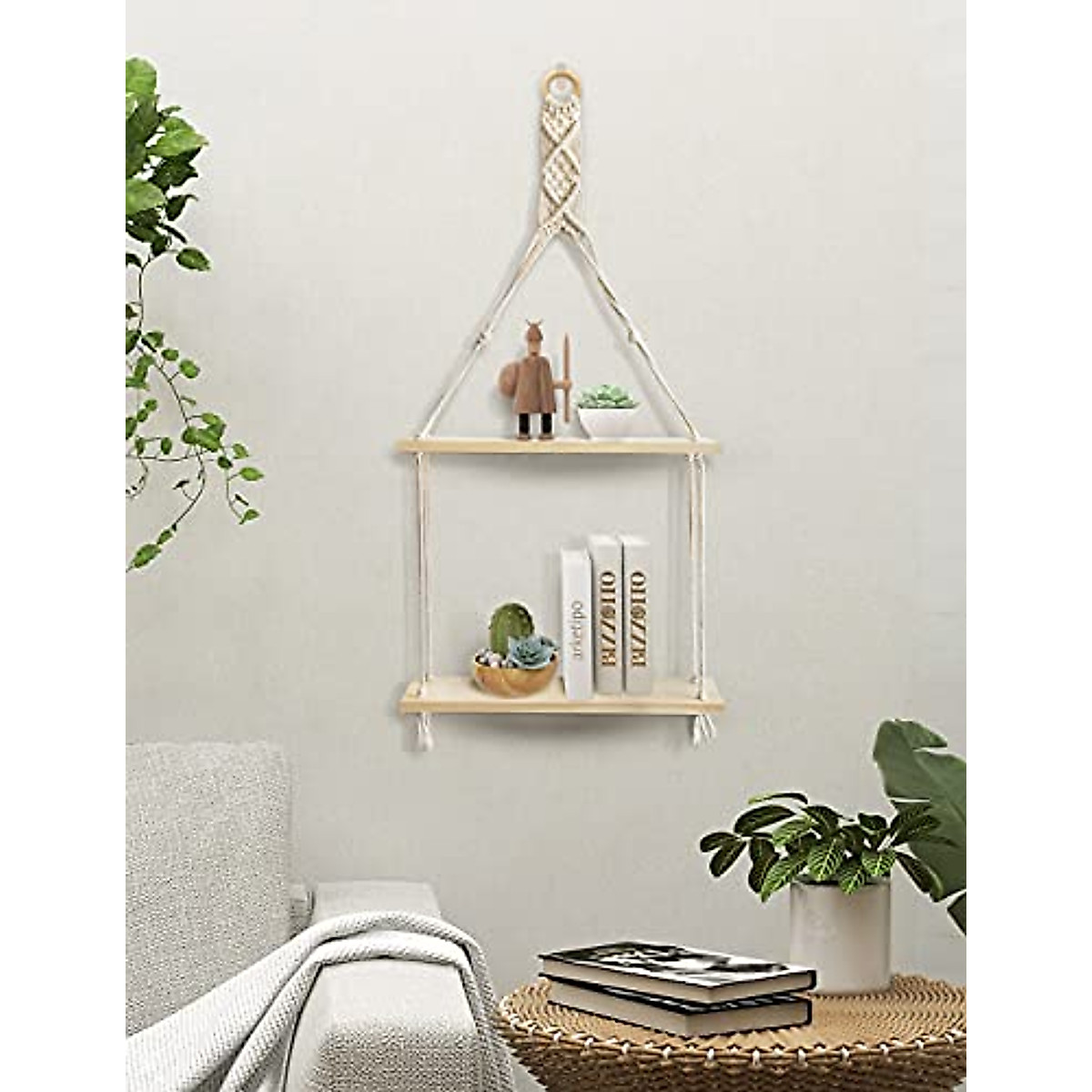 Mazjoaru Macrame Wall Hanging Shelves, Boho Handmade White Shelf Cotton Rope Sturdy Wooden Mounted Cute Decor Display Storage for Plant Bathroom Bedroom Living Room Office-2 Tier