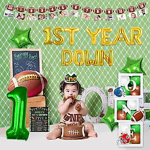Fiesec First Year Down Football Birthday Party Decorations, Football Touchdown 1st Birthday Decorations Balloon Garland Backdrop Photo Highchair Banner Cake Topper Box Cutout Crown Poster 136 PCs