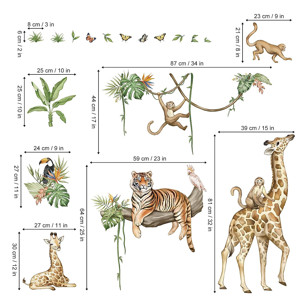 wondever Large Jungle Animal Tree Branch Wall Stickers Safari Giraffe Tiger Monkey Peel and Stick Wall Art Decals for Baby Nursery Kids Bedroom Playroom