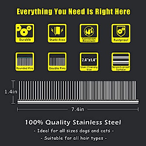 Kopal Dog Comb 2 Pack Pet Steel Comb Dogs and Cats, Stainless Steel Comb Rounded Teeth, Static-free Metal Comb Corrosion Resistant Cat Comb Pet Dematting Tool Flea Comb Pet Grooming Tool - 7.4in