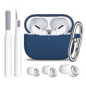 SUPFINE (3 in 1) Airpods Pro Case with Cleaner kit & Replacement Ear Tips, Soft Silicone Protective Cover with Keychain, Cleaning Pen for Airpod Eartips with Noise Reduction Hole (S/M/L) Deep Blue