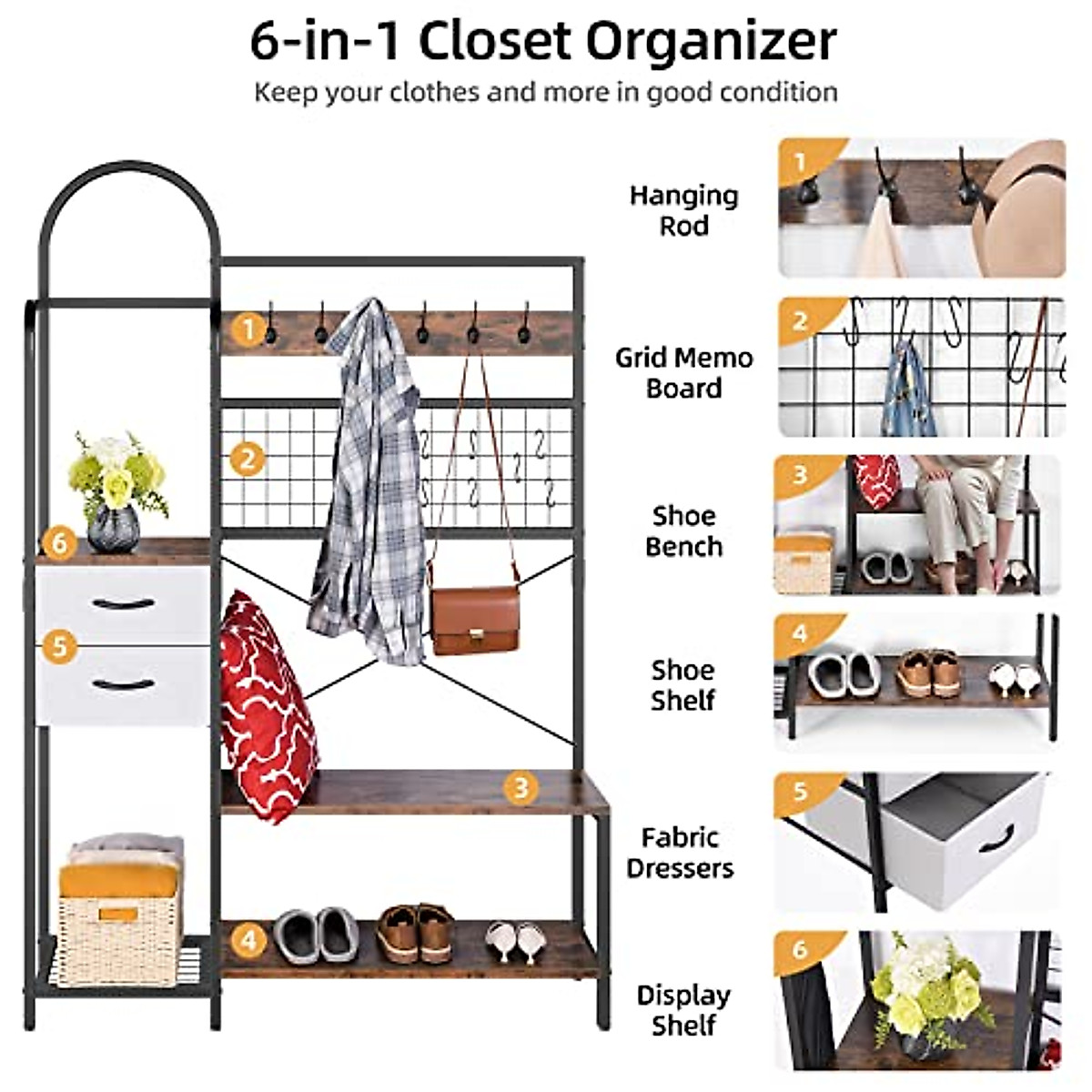 YITAHOME Entryway Hall Tree with 16 Metal Hooks, Coat Rack Stand with Side Shelves, Industrial Coat Rack Shoe Bench with 2 Foldable Drawer, Gray, 70" High