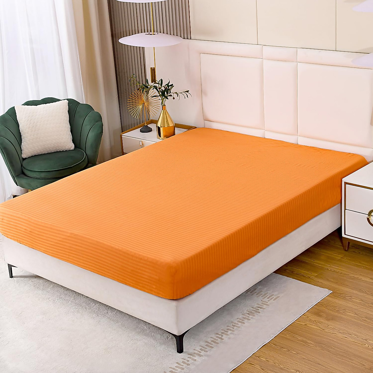 LweiPsqLin 100% Cotton Sheet Set Full Size - Pure Bed Sheets-Damask Stripe Sheet Set 600 Thread Count,Extra Deep Pocket Elastic Fits Mattress Perfectly,4 Pieces (Orange, Full)